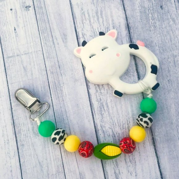 Baby Bites | Accessories | Silicone Cow Teething Clip Cow Print Western ...